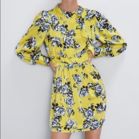 Zara | Dresses | Zara Yellow Puffysleeve Floral Mini Dress | Poshmark